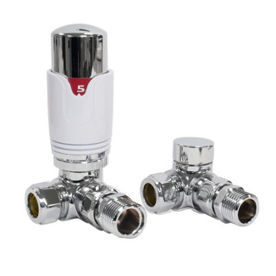 THERMOSTATIC TRV WHITE-CHROME CORNER RADIATOR VALVES 1-2" X 15MM