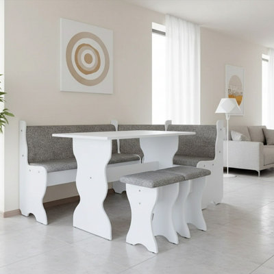 THOMAS Kitchen Corner Set White Finish with Table 2 Stools Storage ...
