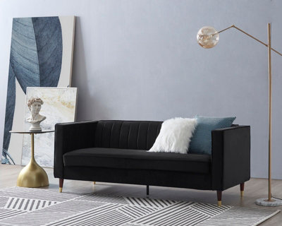 Thomas Velvet Fabric 3 Seater Sofa, Black