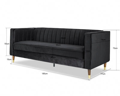Thomas Velvet Fabric 3 Seater Sofa, Black