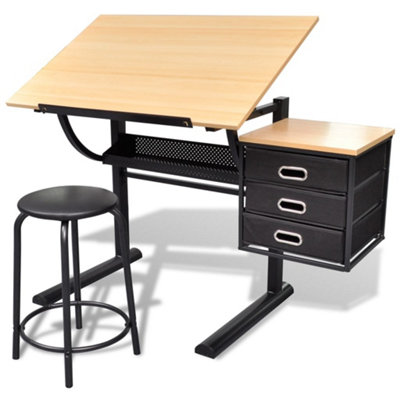 Three Drawers Tiltable Tabletop Drawing Table with Stool