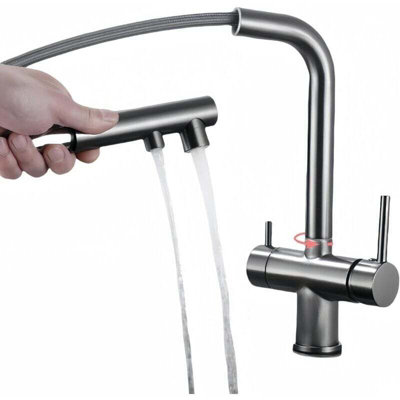 Three way kitchen faucet with pull out spray, 360degree swivel kitchen ...