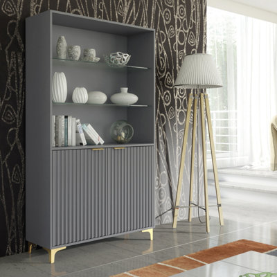 Tide Crest Display Cabinet 175cm - Modern Fluted Design in Dark Grey