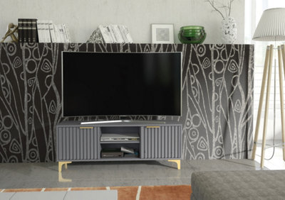 Tide Crest TV Unit 120cm Gold Dark Grey with Fluted Wave Doors ...