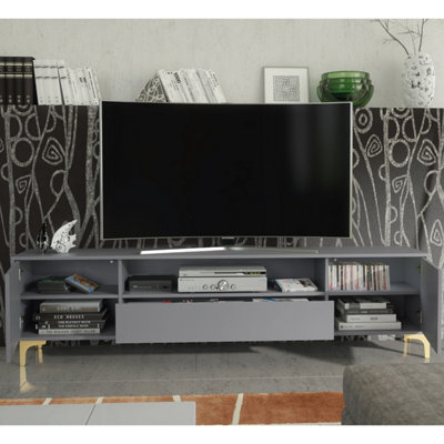 Tide Crest TV Unit 200cm Gold Dark Grey with Fluted Wave Doors ...