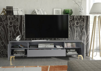 Tide Crest TV Unit 200cm Gold Dark Grey with Fluted Wave Doors ...