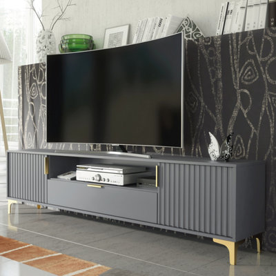 Tide Crest TV Unit 200cm Gold Dark Grey with Fluted Wave Doors ...