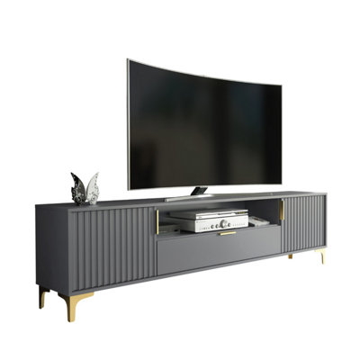 Tide Crest TV Unit 200cm Gold Dark Grey with Fluted Wave Doors ...