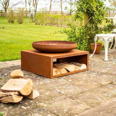 Tierra Fire Pit Bowl & Log Store Weatherproof Oxidised Metal Outdoor ...
