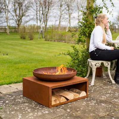 Tierra Fire Pit Bowl & Log Store Weatherproof Oxidised Metal Outdoor ...