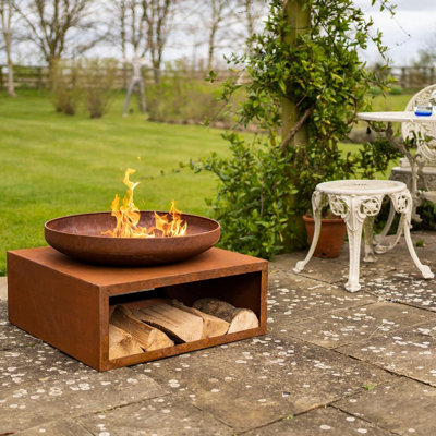 Tierra Fire Pit Bowl & Log Store Weatherproof Oxidised Metal Outdoor ...
