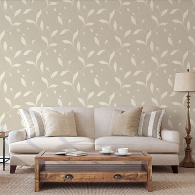 Tiffany Floral Trail Textured Heavyweight Vinyl Wallpaper Beige Belgravia 41337 | DIY at B&Q