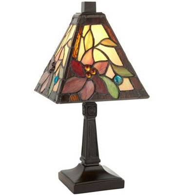 Tiffany Glass Mini Table Lamp Light Dark Bronze & Red Flower Square ...