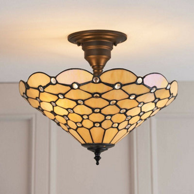 Tiffany Glass Semi Flush Ceiling Light Amber Geometric Inverted Shade ...