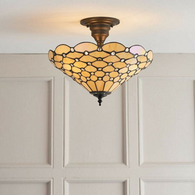 Tiffany Glass Semi Flush Ceiling Light Amber Geometric Inverted Shade ...