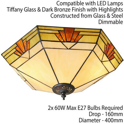 Tiffany Glass Semi Flush Ceiling Light Cream & Red Inverted Hex Shade ...