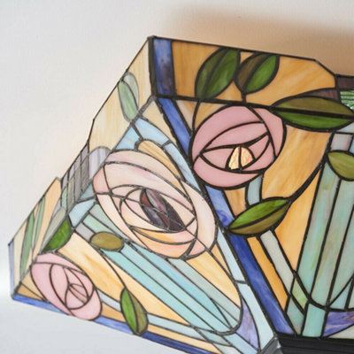 Tiffany Glass Semi Flush Ceiling Light Pink Rose Inverted Square Shade ...