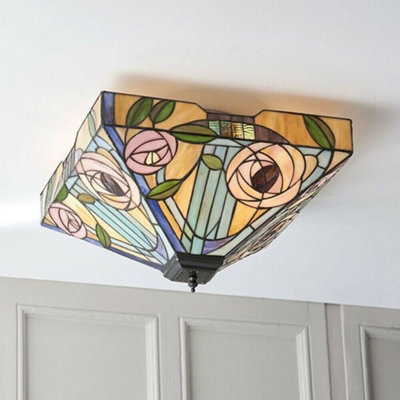 Tiffany Glass Semi Flush Ceiling Light Pink Rose Inverted Square Shade ...