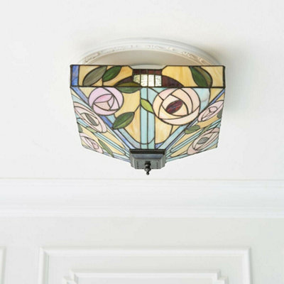 Tiffany Glass Semi Flush Ceiling Light Pink Rose Inverted Square Shade ...