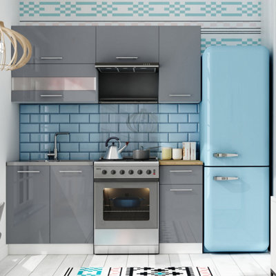 Tiffany Premium Compact Kitchen Cabinets Set with Worktops - Grey Gloss ...