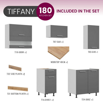 Tiffany Premium Compact Kitchen Cabinets Set with Worktops - Grey Gloss ...