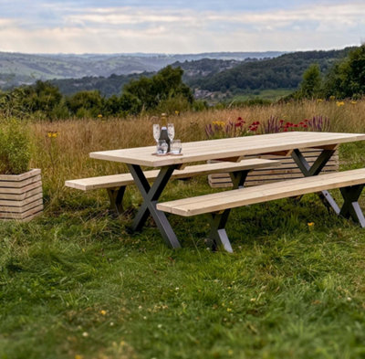 Timber Foundry Rustic Garden Table with Steel X Legs Set 10-12 Seater ...