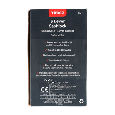 TIMCO 3 Lever Satin Nickel Mortice Sashlock 65mm Case 45mm Backset ...