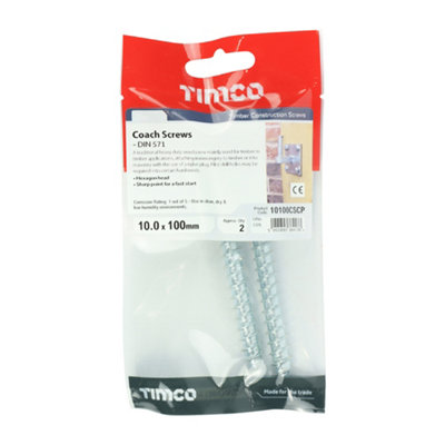 Timco - Coach Screws - Hex - Zinc (Size 10.0 x 100 - 2 Pieces) | DIY at B&Q