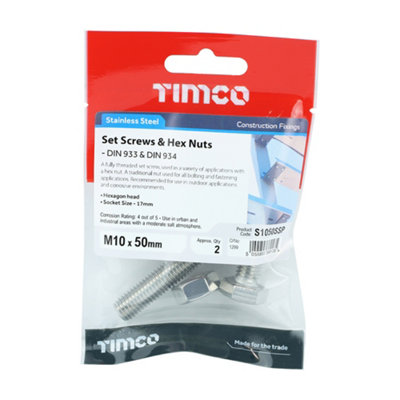 Timco - Set Screws & Hex Nuts - Stainless Steel (Size M10 x 50 - 2 Pieces)