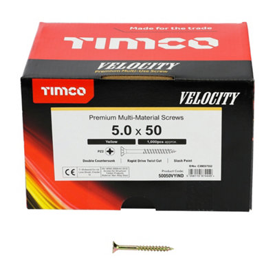 Timco - Velocity Premium Multi-Use Screws - PZ - Double Countersunk - Yellow (Size 5.0 x 50 ...