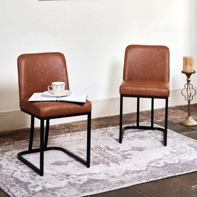 Timothy Faux Leather Dining Chair Tan Set of 2 with Curved Black Metal Legs