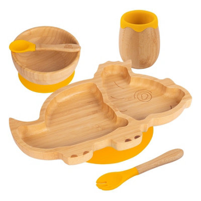 Tiny Dining 5pc Bamboo Suction Feeding Set - Dinosaur/Yellow - Divided Non-Slip Bamboo Baby Self ...