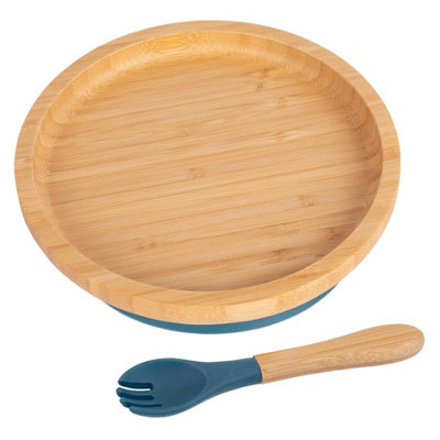 Tiny Dining Bamboo Round Baby Weaning Plate & Fork Set - Navy Blue