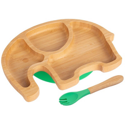 Tiny Dining Bamboo Weaning Plate & Fork Set - Elephant/Green - Divided ...