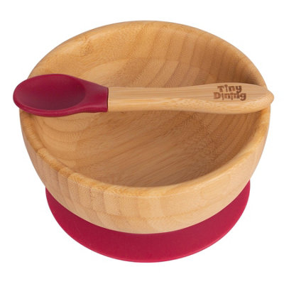 Tiny Dining - Children's Bamboo Suction Bowl& Spoon Set - Red at B&Q