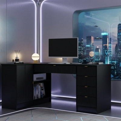 Tireno Black Molet Corner Desk with Fluted Drawer Fronts Modern Study ...