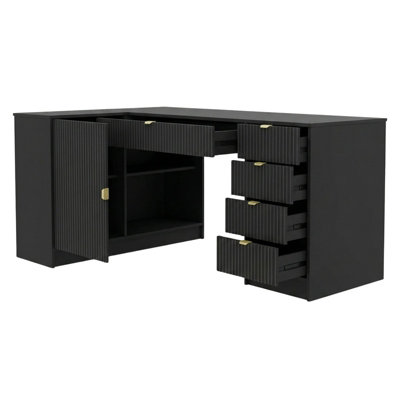 Tireno Black Molet Corner Desk with Fluted Drawer Fronts Modern Study ...