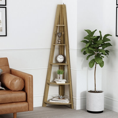 Tiva Oak Corner Ladder Shelving - Sleek & Space-Saving 5-Tier Display