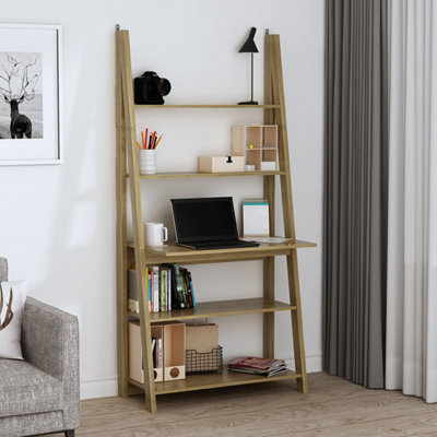 Tiva Oak Ladder Computer Desk Leaning Bookcase Pc Laptop Shelving Unit