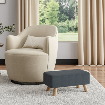 Tofu Shaped Dark Grey Linen Upholstered Footstool Footrest with Solid ...