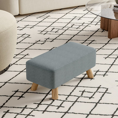 Tofu Shaped Grey Linen Upholstered Footstool Footrest with Solid Wooden ...