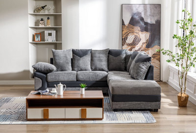 Toledo L Shape Corner Grey Jumbo Cord Sofa With a Modern Black Leather Trim Right Hand