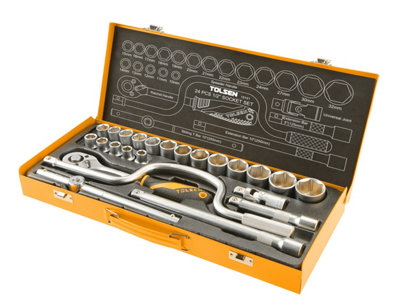 Tolsen Tools Socket Set 24Pc 10-32mm 1/2" In Metal Case Industrial ...