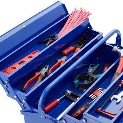 Tool Box - metal, 4 fold-out side compartments - blue