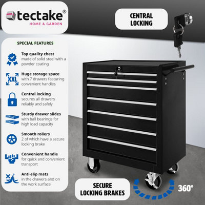 Tool Chest - 7 drawers, 4 wheels, central locking - black
