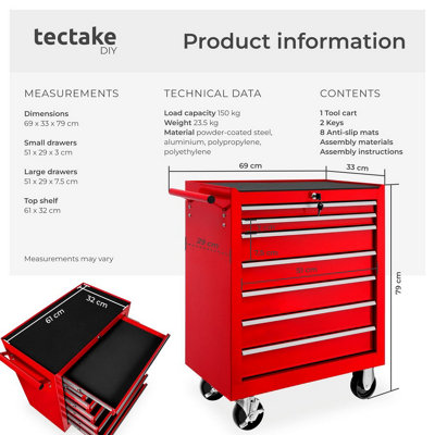 Tool Chest - 7 drawers, 4 wheels, central locking - red