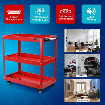 Tool Storage Heavy Duty Garage Trolley Workshop 3 Tier Wheel Cart DIY Red