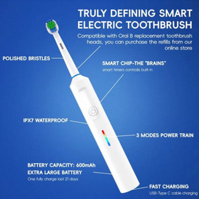 Toothbrush Electric Rechargeable Pro Rotating Brush Heads Timer Modes Usb