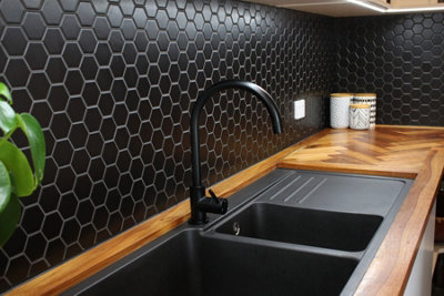 Top Ceramics Black Hexagon Mosaic Tile Satin (L)320 x (W)270mm | DIY at B&Q
