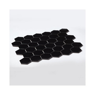 Top Ceramics Black Hexagon Mosaic Tile Satin (L)320 x (W)270mm